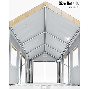 DEXSO Carport 10'x20' Heavy Duty Canopy, 1.0 mm Steel Poles & 14 mil PE Tarp, with Front & Rear Doors, 2 Side Doors, and 4 Windows Screen, Portable Garage for Pickup Truck, and Boat, Khaki
