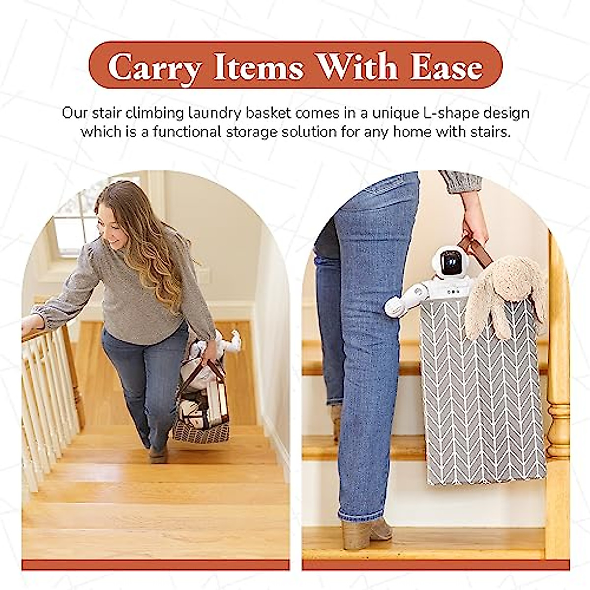 Stair Basket w/Chevron Pattern - Cotton Basket for Stairs w/Leather Handles - Staircase Basket & Storage Bins with Handles - Home Organizer - Convenient Stairs Basket Organizer - 16.1” x 10.2” x 15.7”