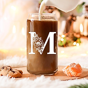 Coolife Initial Glass Cup, Monogrammed Gifts for Women, 16 oz Glass Cups w/Lids Straws, Iced Coffee, Smoothie, Beer Glass Tumbler w/Straw Lid - Personalized Mothers Day, Birthday Gifts for Her Mom