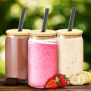 Drinking Glasses with Bamboo Lids and Stainless Steel Straw 16 oz. Glass Tumblers. Ice Coffee, Beer, Cocktails and Smoothie Cups. Set of 4. Vasos de vidrio.