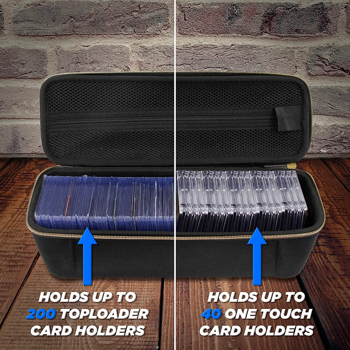 CASEMATIX Top Loader Card Storage Case for Trading Cards with 5 Removable Dividers, 5 Tab Dividers and Carry Strap - Fits 200 Toploader or 40 One Touch Card Holders in Toploader Storage Box