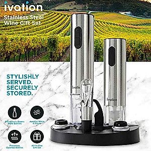Ivation Wine Gift Set, Includes Stainless Steel Electric Wine Bottle Opener, Wine Aerator, Electric Vacuum Wine Preserver, 2 Bottle Stoppers, Foil Cutter & LED Charging Base