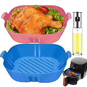 Air Fryer Silicone Liners Square - 8 Inch Reusable Silicone Air Fryer Liners 2 Pack with Oil Sprayer for Cooking Food Safe for 4 to 7 Qt Air Fryer Basket Oven Accessories