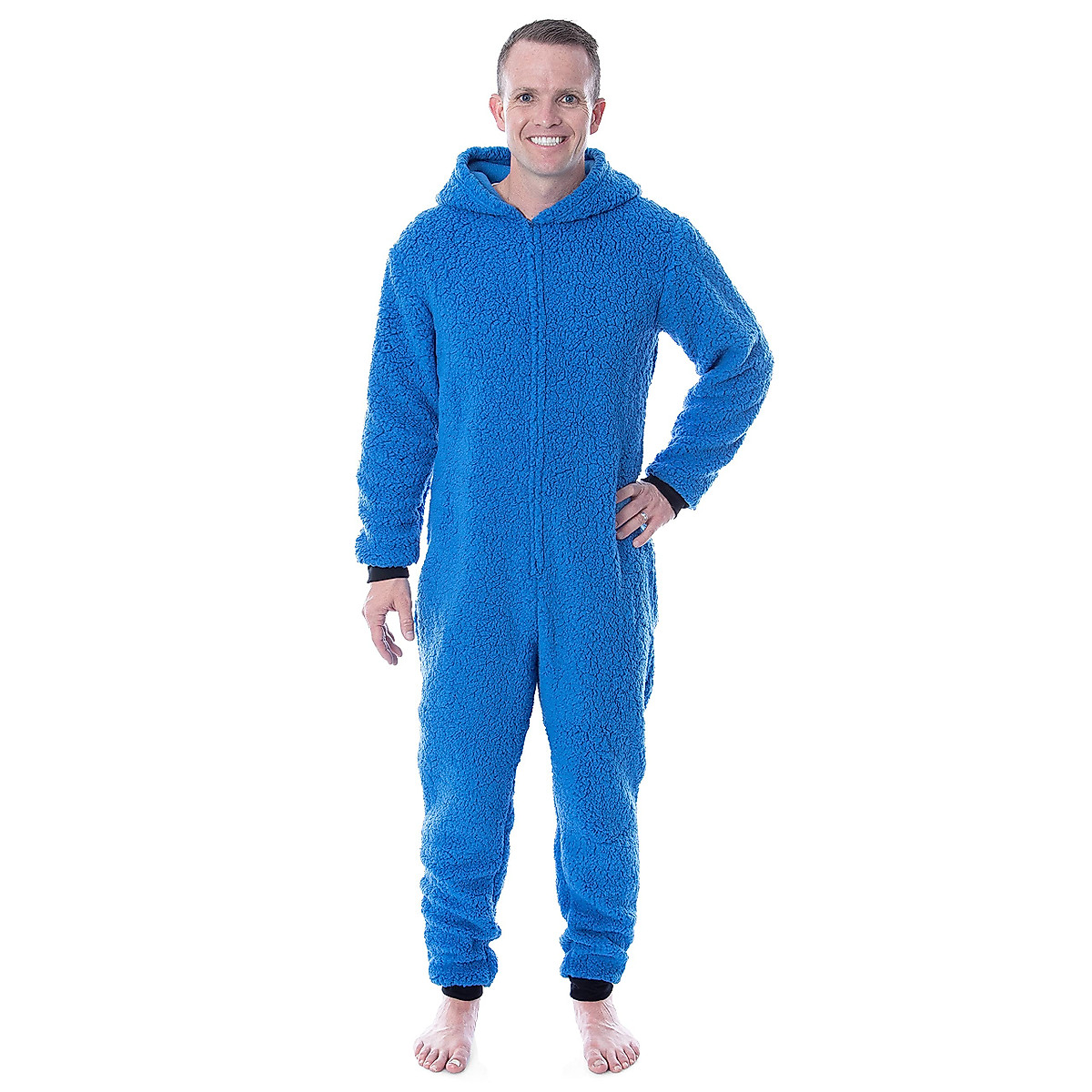 MJC International Sesame Street Adult Cookie Monster Sherpa Union Suit Costume Pajama For Men Women (Large), Cookie Blue