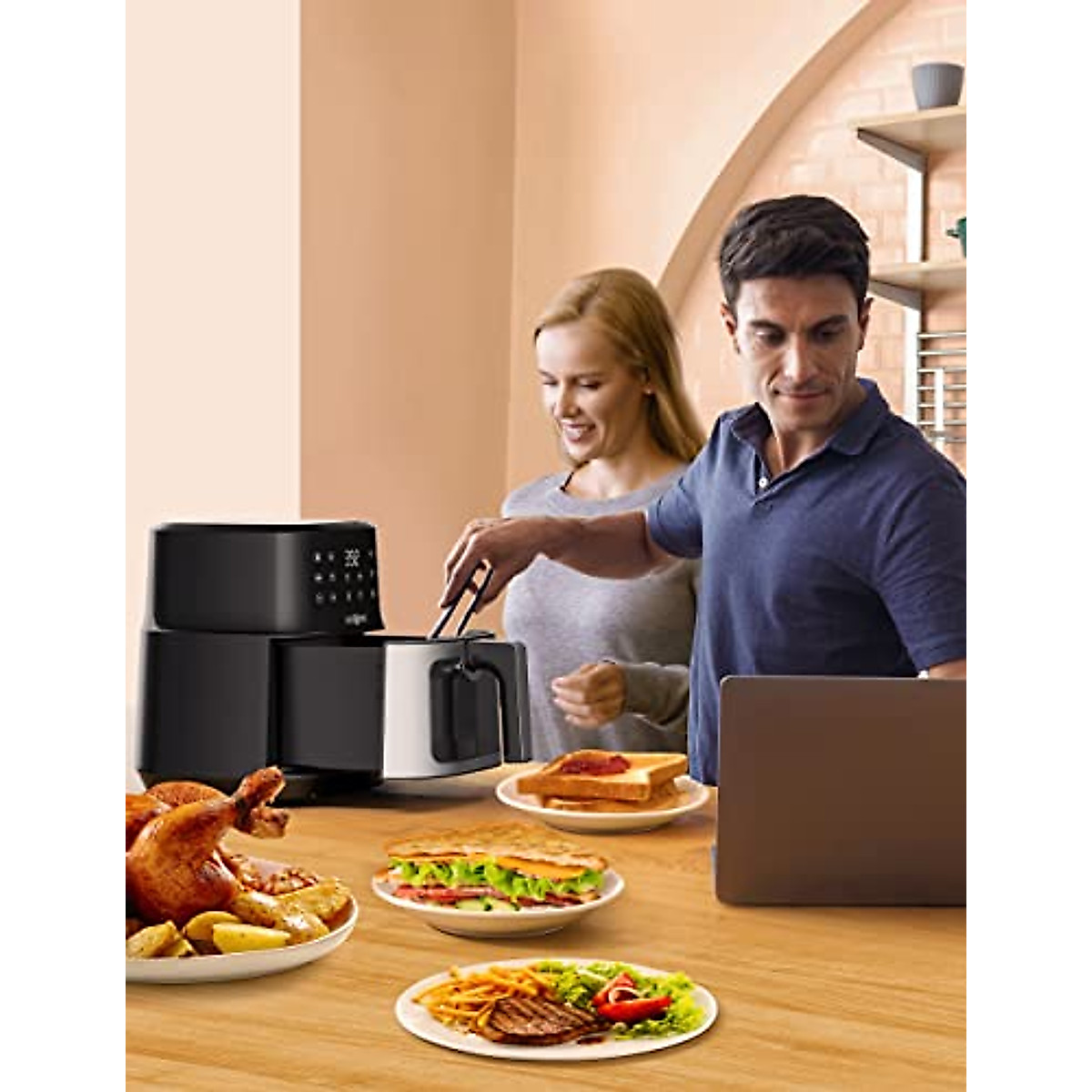 Air Fryer, PARIS RHÔNE 5.3 QT with Viewing Window & Ceramic Coated Non-Stick Basket, Large Air Fryer Oven with 8-in-1 Functions One Touch Control, NO Pre-heating, with Detachable Tray Easy to Clean