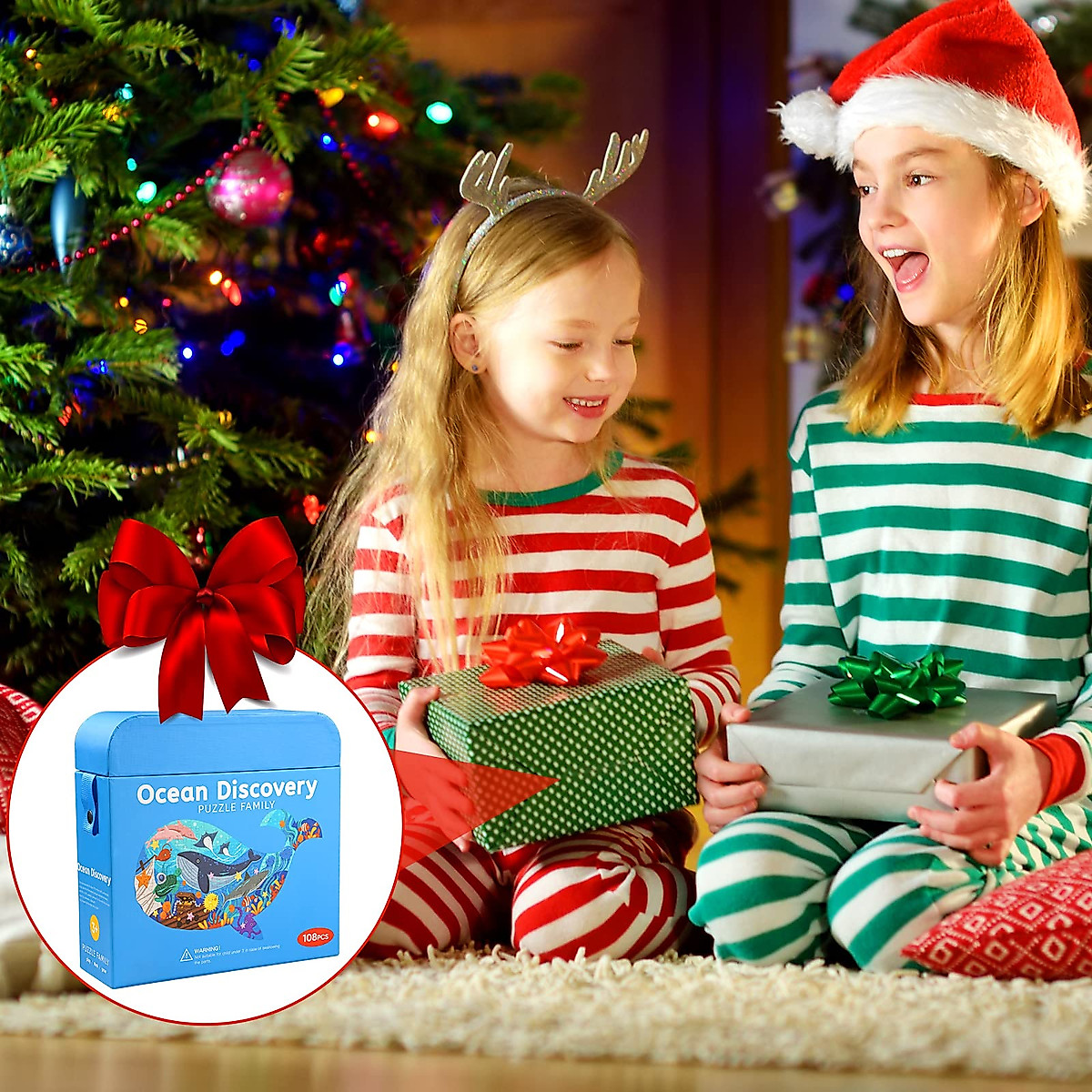 Jigsaw Puzzles for Kids Ages 4-8, 108 Pieces Whale Shaped Cardboard Puzzles for Animal Lovers, Sturdy Floor Puzzles Box and Poster, Educational Toys Gift for Boys Girls, 23.38 x 14.72 Inch