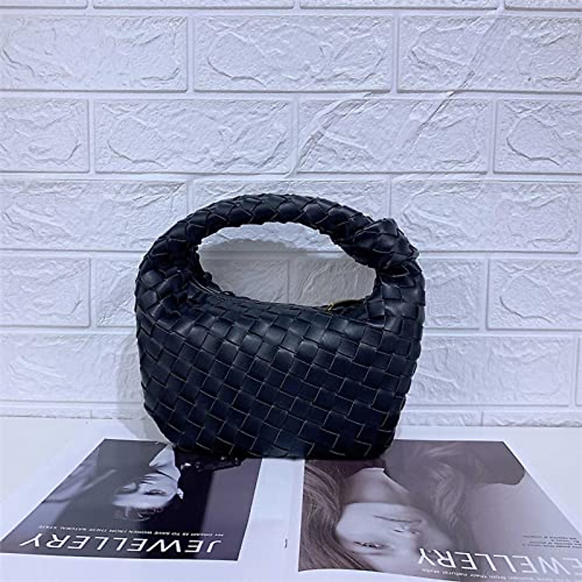 Qiayime Women Knoted Woven Handbag Fashion Ladies Soft PU Leather Handmade Hobo Shoulder Bag Purse Woven Clutch Dumpling Bag (black)