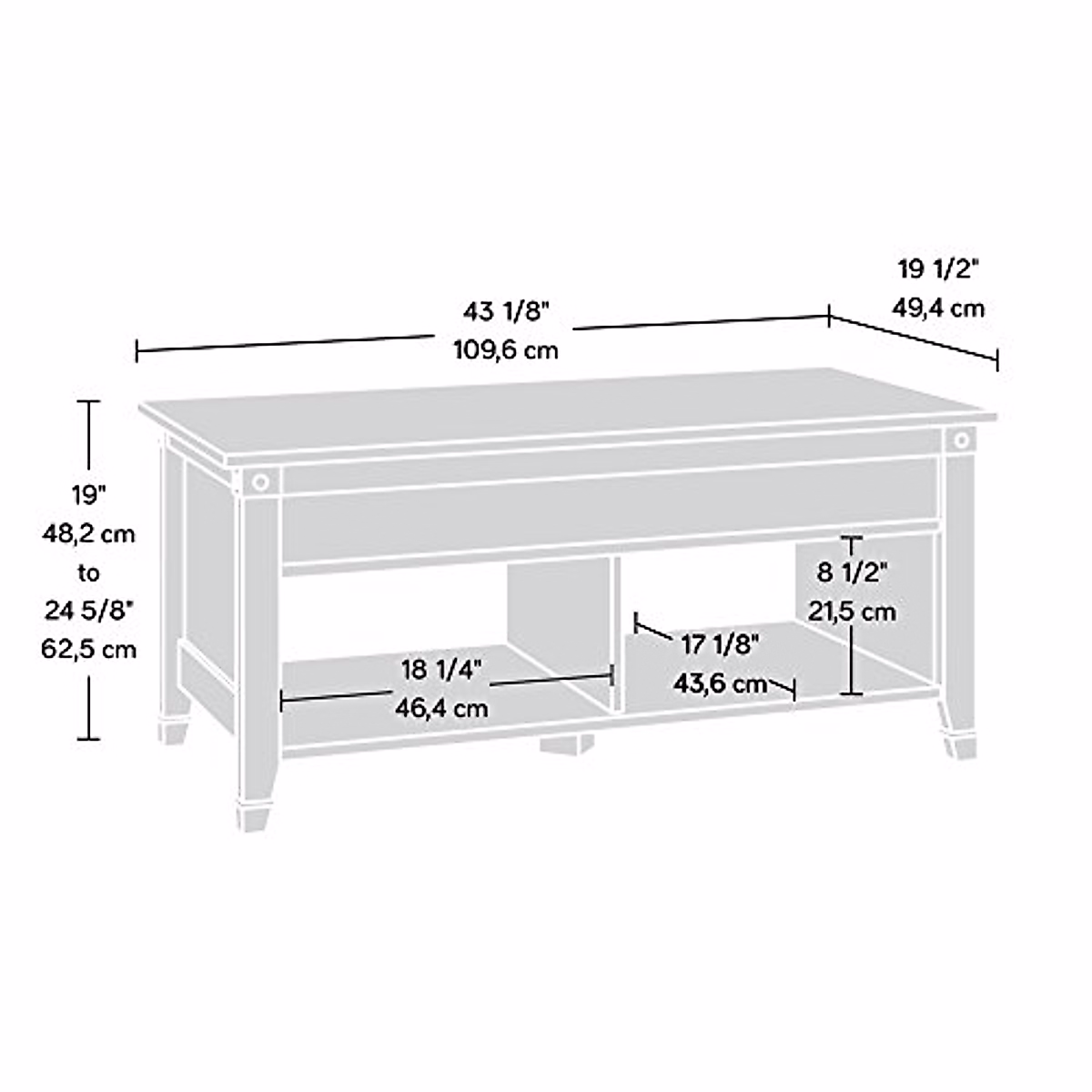 Sauder Carson Forge Rustic Lift Top Coffee Storage Industrial Living Room Table, L: 43.15" x W: 19.45" x H: 18.98", Lintel Oak Finish