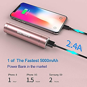 The Smallest 5000mAh Mini Power Bank, Lipstick-sized 2.4A Output Slim Portable Charger USB-C Charging Battery Pack Compatible with iPhone 11 X XS MAX XR 8 7 6s plus iPad Samsung Galaxy Cell Phone Pink
