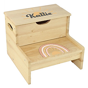 Retro Boho Rainbow Personalized Step Stool for Bohemian Nursery Rainbow Baby Gift with Two Steps and Storage