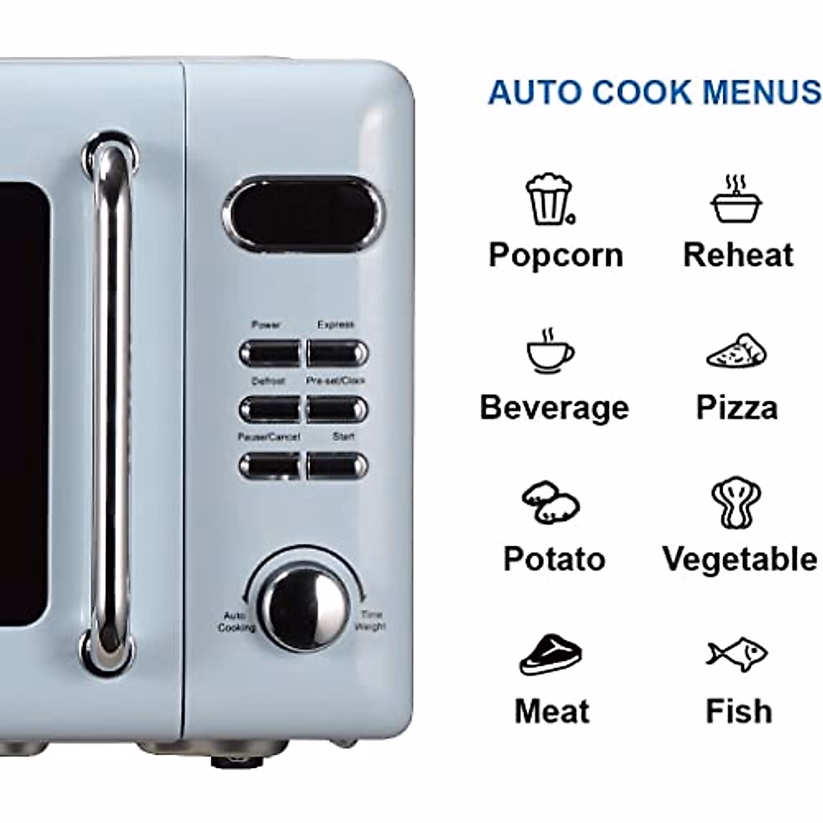 Emerson .7 Cu Ft Retro Digital Microwave Oven, 700W with 5 Micro Power Levels, 8 Pre-Programmed Settings, Express & Defrost, Chrome Handle & Control Buttons, Timer & LED Display, Retro Blue