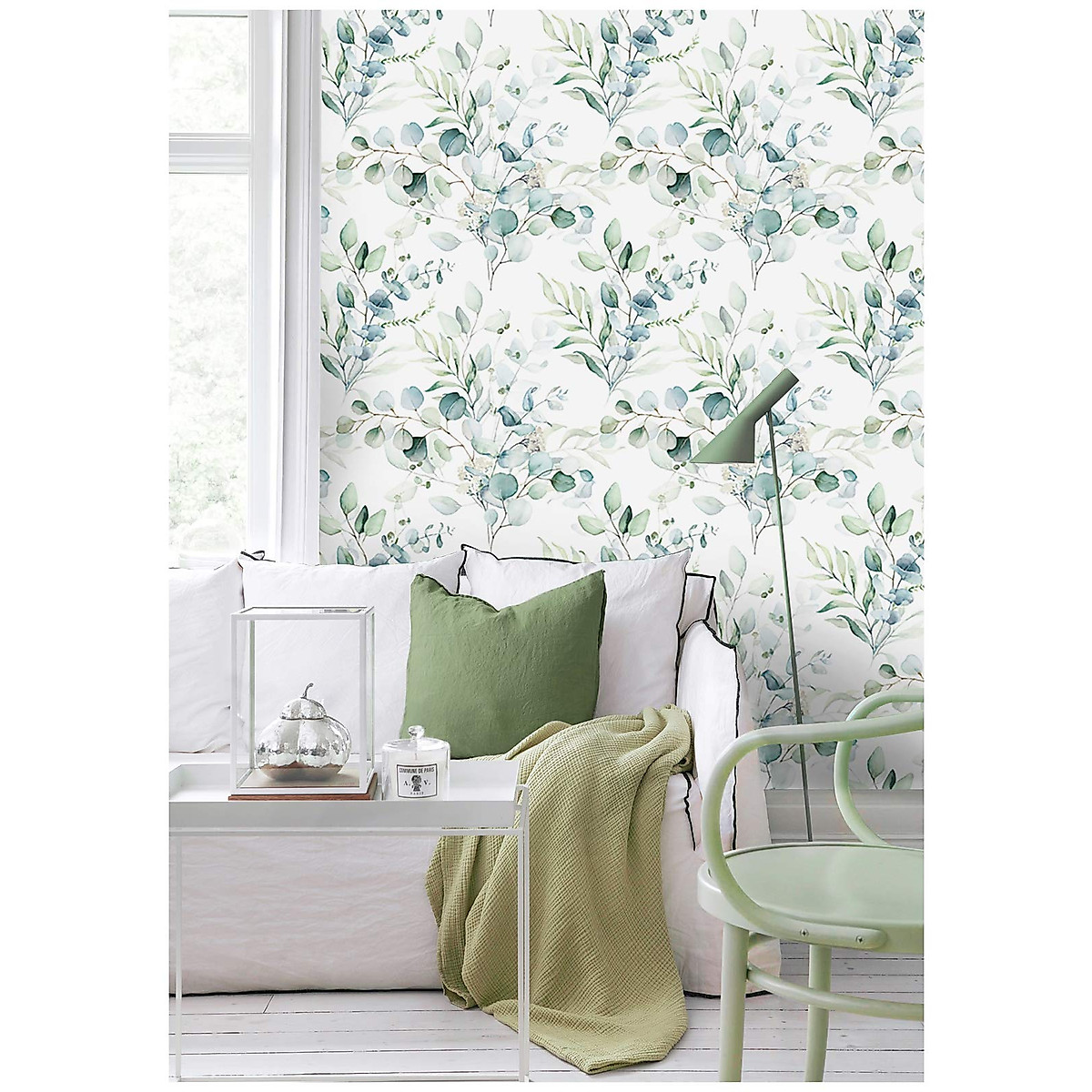 HAOKHOME Peel and Stick Wallpaper Boho Green/White Eucalyptus Leaf Floral Wall Mural Home Nursery Decor Renter Friendly Wallpaper 17.7in x 78.7in