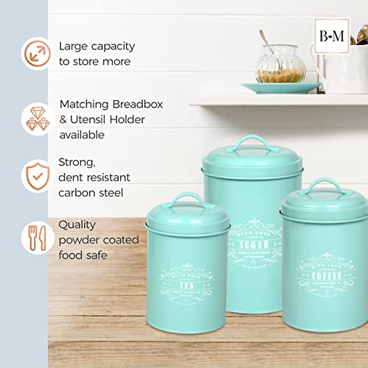 Baie Maison Large Turquoise Farmhouse Canister Sets for Kitchen Counter Airtight - Set of 3 Rustic Coffee, Sugar Tea Storage Containers - Teal Decor Jars - Vintage Kitchen Canisters Set for Countertop