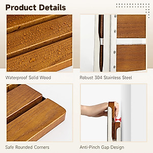 Folding Teak Shower Seat Wall Mounted, Hybodies Waterproof Wood Shower Bench, Wall Mounted Fold Down Wood Stool, Home Care Shower Chair Bench for Pregnants Seniors, Maximum Load 440lb