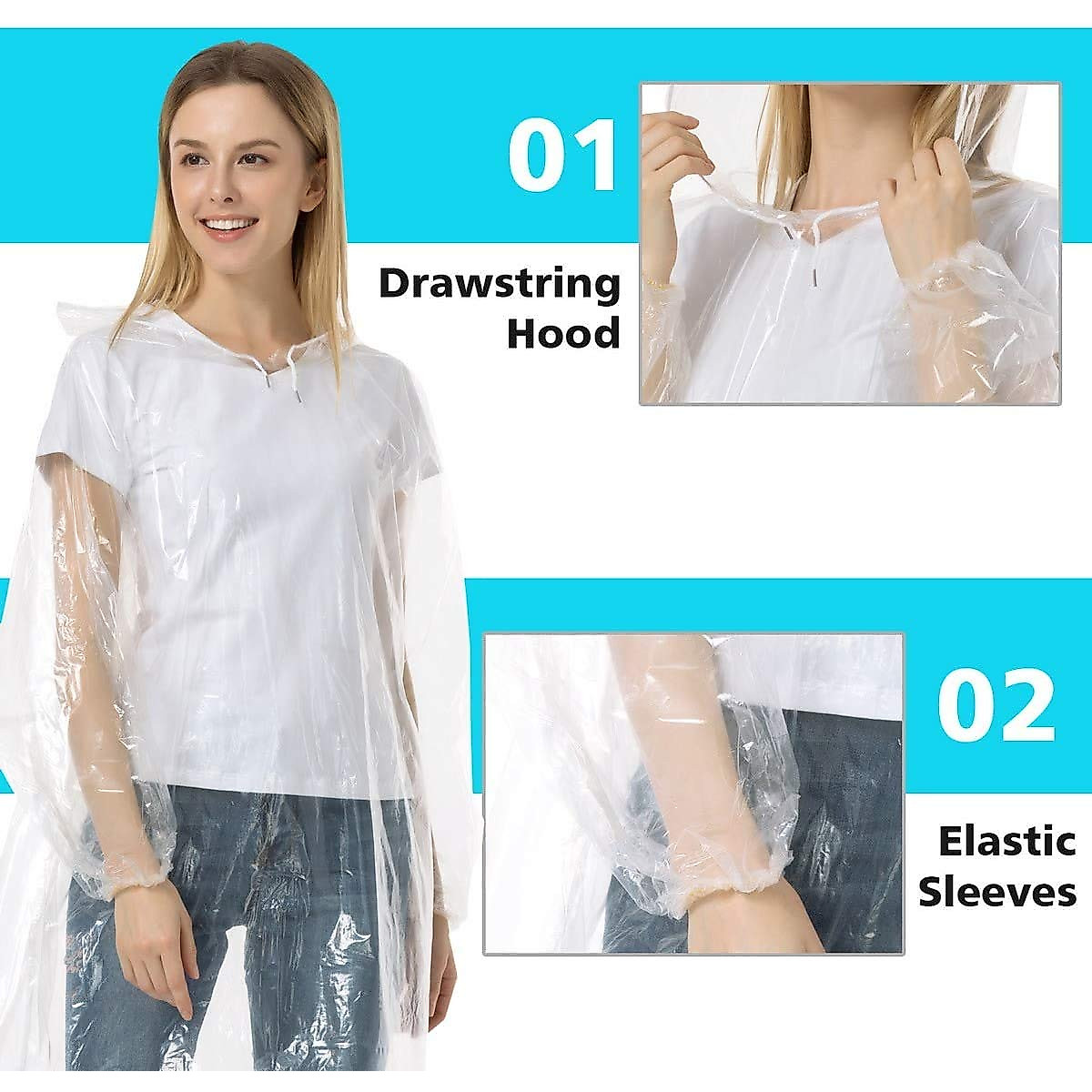 CeroPro Disposable Rain Ponchos Family Pack Emergency Waterproof Clear Ponchos with Hood Disposable Raincoat 10 Pack (5 Adult 5 Kids)