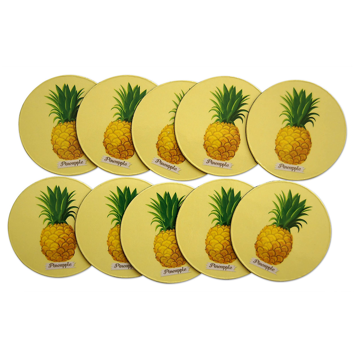 Novel Merk Pineapple Fruit Refrigerator Magnets, Small Circle Leaf & Banner Design for Fridge, Gifts, Decor, Party Favors, Prizes (10 Pack), Yellow Green, 2 Inch