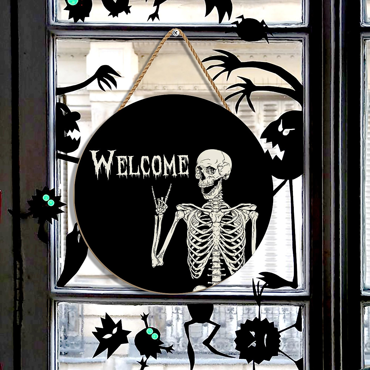 Halloween Decorations Wreath Halloween Skull Welcome Door Sign Front for Door Decoration, Rustic Wooden Holiday Decor for Front Door Porch Window Wall Farmhouse Indoor Outdoor