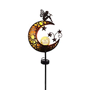 Cubular Moon Fairy Solar Garden Decor Lights,Crackle Glass Ball Pathway Stake Lights, Walkway Yard Lawn Patio Courtyard Decor Garden Outdoor Decorative Lights,Fairy Garden Decor (Moon Fairy)