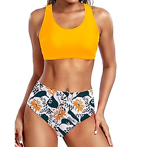 Holipick Women High Waisted Two Piece Bikini Sports Crop Top Swimsuit Scoop Neck Bathing Suit for Teen Girls with Bottom Yellow Floral