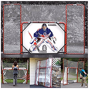 EZGoal 4' x 6' Hockey Folding Steel 2" Goal with 10' x 6' Backstop, 4 Targets Nets, a New Shooter Tutor, Red