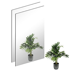 QEEYON 2Pcs 16 x 12'' Wall Mirror Tile Self Adhesive Glass Mirror Frameless High Clear Mirror Tile Large Wall Decor Mirror for Bedroom, Living Room, Hallway Door etc