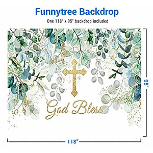 Funnytree 118" x 95" God Bless Backdrop Baptism Party First Holy Communion Christening Banner Decor Forest Leaves Baby Shower Photography Background Favors Gifts Supplies Photo Booth Props