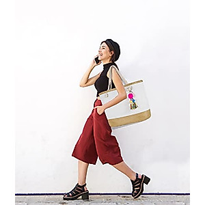 Hibala Large Beach Bag Beach Tote Weaving Shoulder Bag Tassel Bag Handbag with Pockets Zippers for Family Beach Vacation (Classic Tassel)