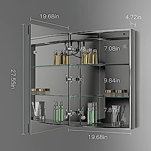 Medicine Cabinet with Lights and Mirror, LED Medicine Cabinet for Bathroom, with Defogger, Dimmer, Clock and Temper Display, Memory Function, 20''X28'', Surface Mounted, Stainless Steel, Left Hinges