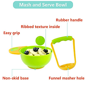 MICHEF Baby Bowls, Baby Feeding Bowls Set with 2 Hot Safe Baby Fork and Spoon, 2 Soft-Tip Silicone Baby Spoons, Mash and Serve Bowl - Baby Shower, Set of 3 Suction Baby Bowls for Toddler with Lids