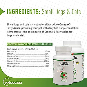 Vetoquinol Triglyceride Omega 3 Supplement for Dogs and Cats, Fish Oil Supplement with EPA and DHA, Promotes Skin, Coat, Joint, and Immune Health, Omega 3 Fish Oil for Dogs and Cats up to 30lbs, 250ct