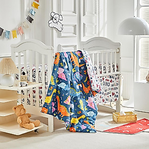 Dinosaur Crib Bedding Set - 3 Pieces Navy Dino Baby Quilted Crib Comforter with Crib Fitted Sheet and Crib Skirt for Boys Girls Cute Colorful Baby Bed Set with Blue Pink Orange Yellow Dinosaurs