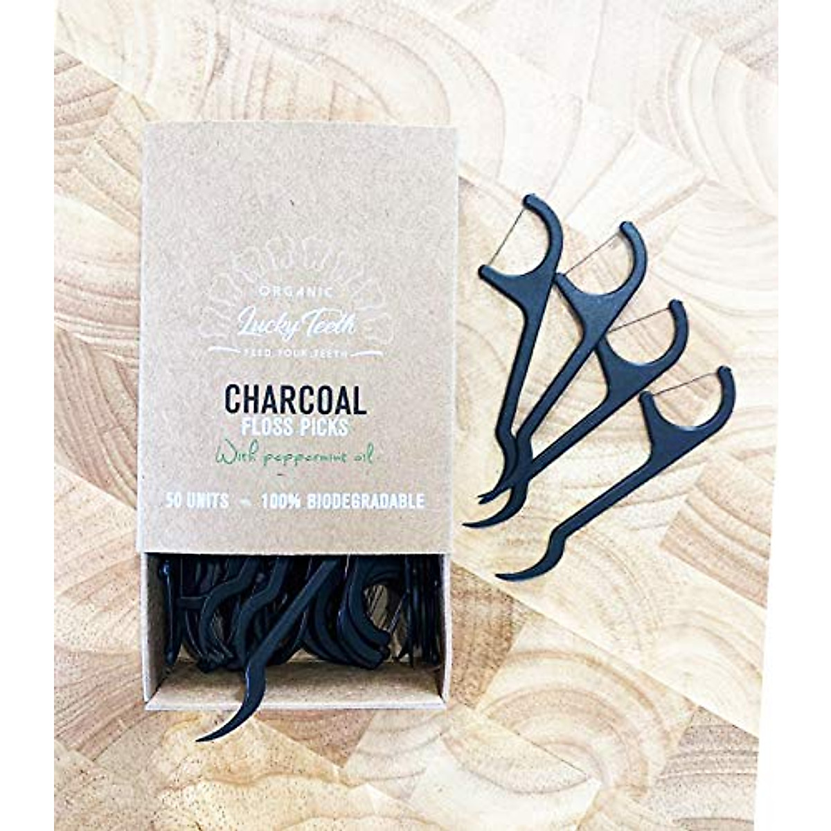 Improved -Biodegradable Activated Charcoal Floss Picks with Organic Peppermint Oil, Plastic Free. Zero Waste - 50 Unit