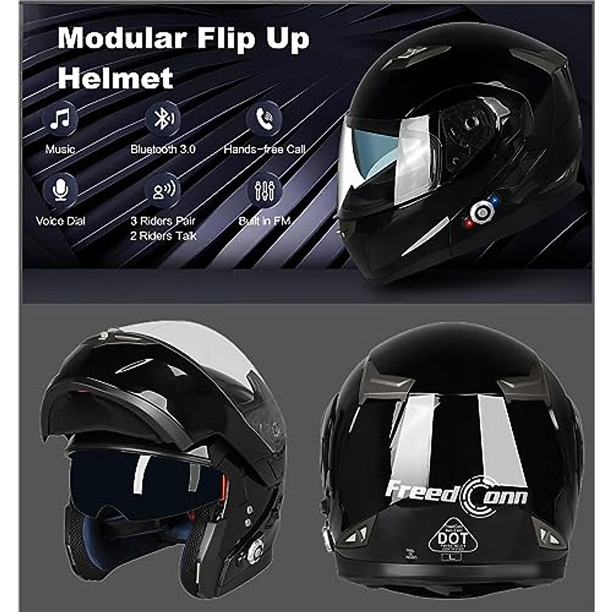FreedConn Motorcycle Bluetooth Helmet BM2-S Flip Up Modular Bluetooth Motorcycle Helmet Voice Dial Hands-Free Call 500M 2-3 Riders MP3 FM DOT Motorcycle Helmet with Bluetooth 3.0 (Large, Gloss Black)