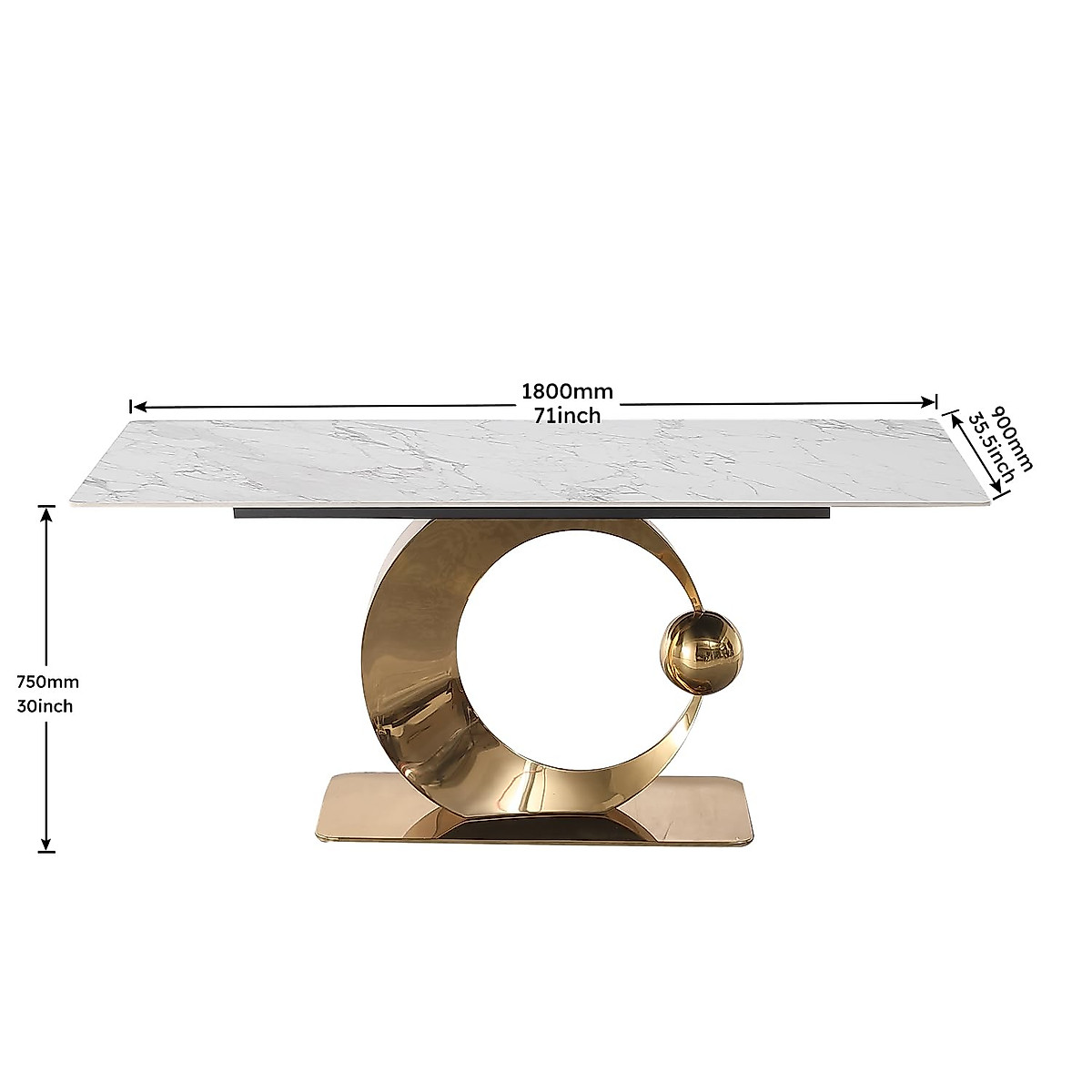 Voohek, Gold 71" Modern Sintered Stone Rectangular Dining Table with Unique C-Shaped Striped Pedestal Base and Anti-Collision Rounded Corner Design, for 6-8 People
