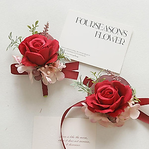 MAFELOE 2 Pieces of Wrist Corsage and Boutonniere Set, Artificial Flowers Accessories Suit Decor for Wedding Prom Party Homecoming Ceremony Anniversary -Red+Pink