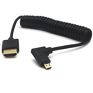MOTONG Standard 4K HDMI 2.0 to Micro HDMI Cable, Coiled Micro HDMI Male 90 Degree Left Angle to HDMI 2.0 Male Cable Cord 4K@60Hz(1.2M, M to M Left Angle)