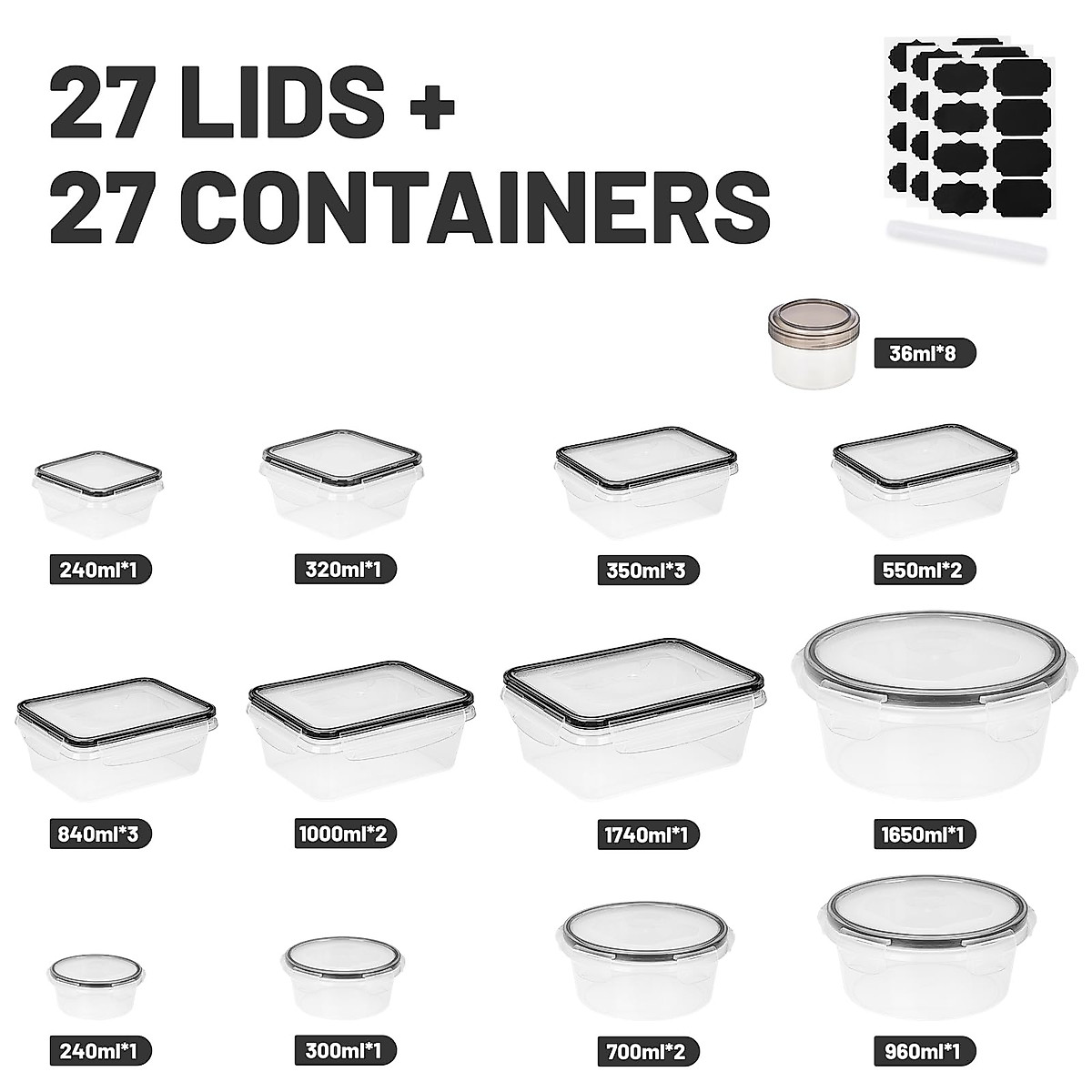 Moretoes 54pcs Airtight Food Storage Containers with lids, 27 Snap Lids and 27 Nesting Containers Plastic Stackable Containers with Labels for Kitchen, Refrigerator Organization, BPA Free, Diswasher