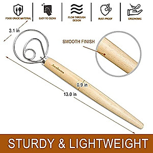 Awehoma Danish Dough Whisk Large Hand Mixer - 2 Pack Large 13” Stainless Steel & Wooden Danish Whisk - Dutch Style Artisan Blender for Bread, Batter, Cake, Pastry, and More - Gift for Bakers