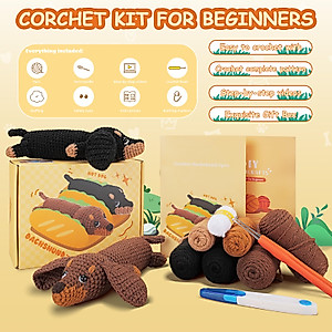 Crochet Kit for Beginners - 2 PCS Dachshund Crochet Kit with Step-by-Step Video Tutorials, Beginner Crochet Kit for Adults, Crochet Animal Kit for Kids, Dog Crocheting Set (Brown & Black)