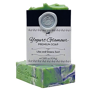 Yogurt Glamour-Lilac and Greens Swirl-Natural Handmade Yogurt Bar Soap- Creamy, Moisturizing and Soothing-Imagine Spring Aroma of Flowering Lilac Trees(4 oz).