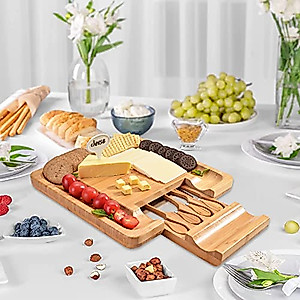 FITNATE Bamboo Cheese Board Set, 13inch Square Charcuterie Board with Cutlery in Slide-Out Drawer Including 4 Stainless Steel Serving Utensils, Gift for Christmas, Birthday, Wedding, Housewarming