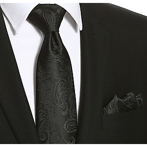 KissTies Mens Black Tie Set: Paisley Necktie + Pocket Square