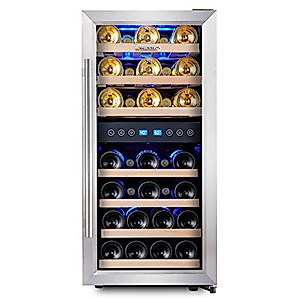 Phiestina Dual Zone Wine Cooler Refrigerator, 33 Bottle Free Standing Compressor Fridge and Chiller for Red and White Wines, 16'' Glass Door Wine Refrigerator with Digital Memory Temperature Control