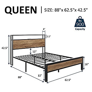 AMERLIFE Queen Size Bed Frame Industrial Platform Bed with Charging Station, 2-Tier Storage Headboard/No Box Spring Needed/Noise-Free/Rustic Brown