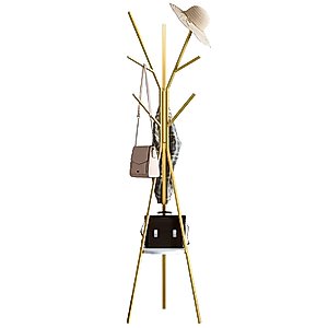 IOTXY Metal Coat Rack Tree - 71 inches Tall Floor Standing Clothing Hanger with Wooden Shelf and 9 Hooks for Handbag Jacket Scarf Rack, Gold