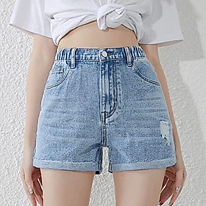 SweatyRocks Girl's Elastic Waist Ripped Jean Shorts Roll Up Hem Straight Leg Hot Pants Denim Shorts Light Wash 12-13Y