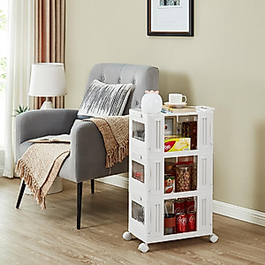 Bagnizer 76qt Plastic Storage Container, No Door 3 Tier Stackable Folding Storage Bin with Lid, Collapsible Storage Box with Wheels for Bedroom, Living Room, Office, Off White, 16 x 10 x 29”