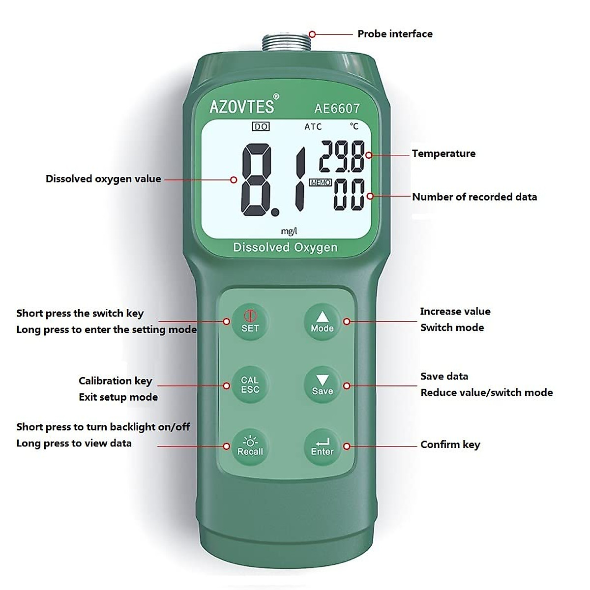 Portable Dissolved Oxygen Meter，Upgrade Temperature, Salinity and Altitude Triple Compensation，Handheld Water Quality Monitor