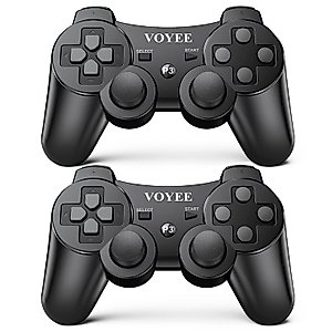 VOYEE Wireless Controller Compatible with Playstation 3, 2 Pack PS-3 Controller with Upgraded Joystick/Rechargerable Battery/Motion Control/Double Shock (Black)