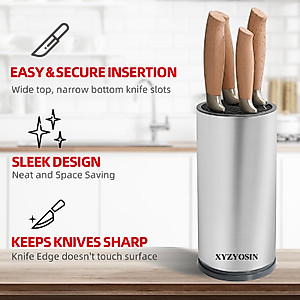 Stainless Steel Universal Knife Block, Round Knife Holder with Scissors Slot Kitchen Knife Storage Space Saver Knife Organizer Detachable for Easy Cleaning